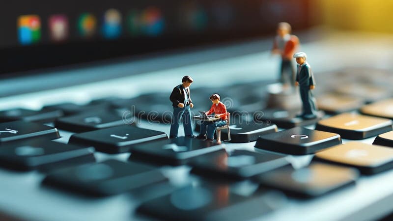 Miniature Figures Working on a Laptop Keyboard Representing Creativity ...