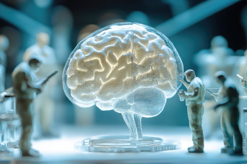 Small Figurines Gathered Around a Scale Model of the Human Brain, Great ...