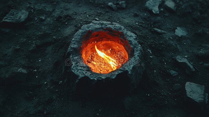 A Small Fire Burning Inside a Stone Ring on Dark Ground with Scattered ...