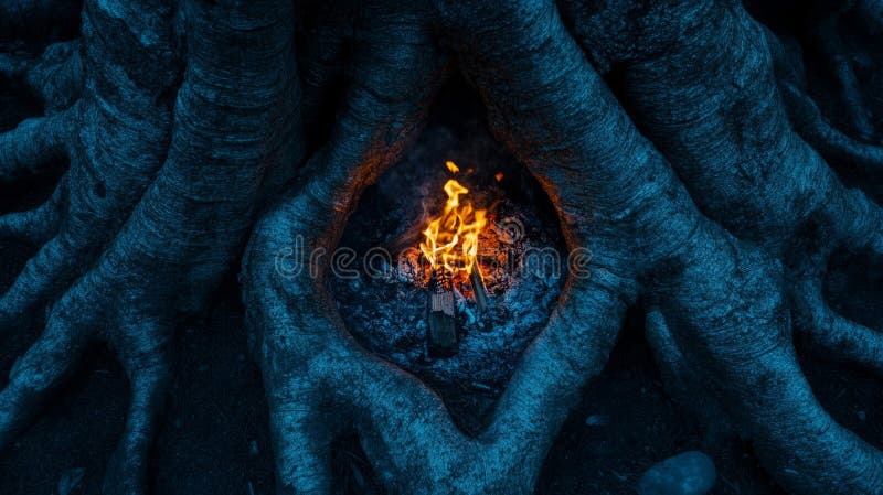 Small Fire Burning in Tree Roots at Night Stock Illustration ...