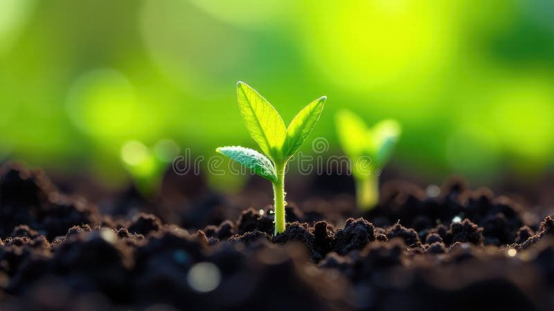 Small First Green Shoots Break through the Soil on a Sunny Spring Day ...