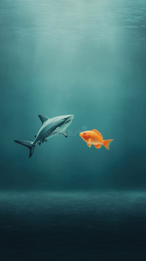 Small Fish Looks Up at Massive Shark, Symbolizing Vulnerability and Awe ...