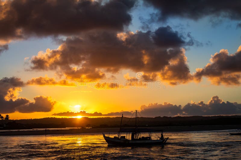Small Fisherman Barge Sailing on the River. Stock Photo - Image of ...