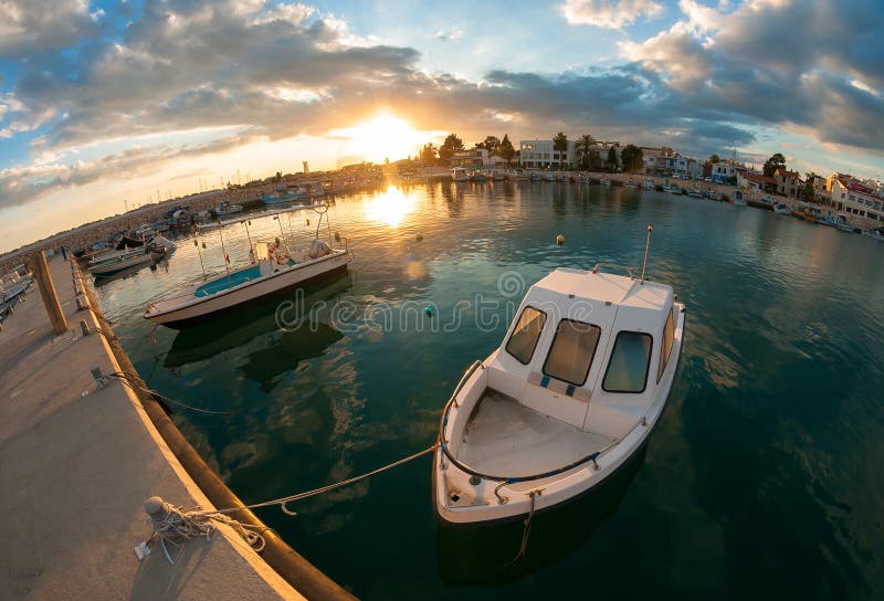 Small Fishing Boat at Sunset. Cyprus Stock Photo - Image of commercial ...