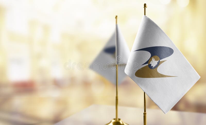 Small Flags of the Eurasian Economic Union on an Abstract Blurry ...