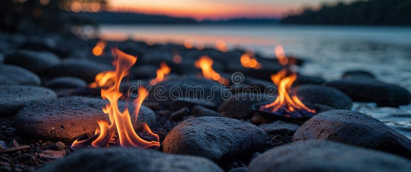 Small Flames Burning on Lake Shore Rocks at Dusk. Stock Image - Image ...