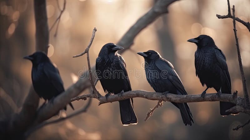 A Small Flock of Crows Resting on a Tree Branch in the Park. Stock ...