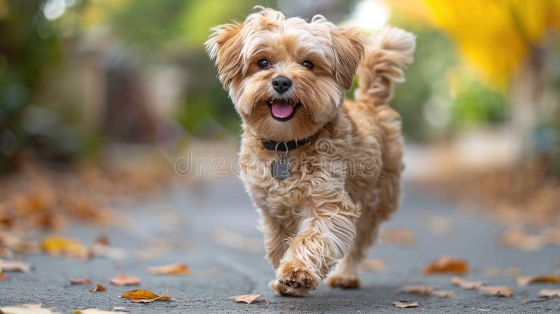 A Small, Fluffy, Brown Dog Runs Towards the Camera on a Paved Path with ...