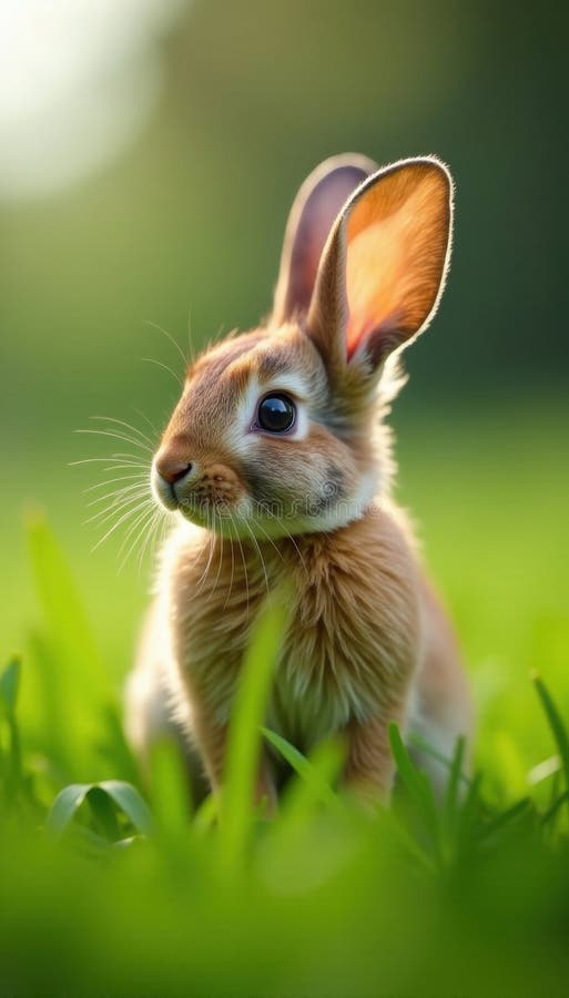 Small Fluffy Bunny in Tall Grass, Looking Right, Ears High , Fluffy ...