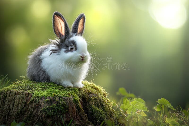 Adorable Grey and White Bunny Sitting on Mossy Stump Stock Illustration ...