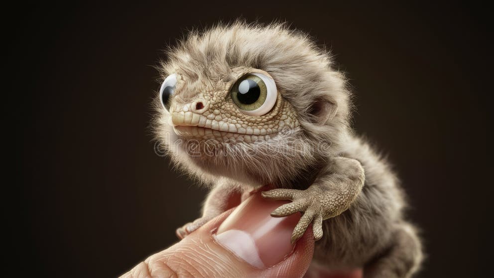 A Small Fluffy Lizard is Sitting on a Finger with Its Eyes Open, AI Stock Image - Image of ...