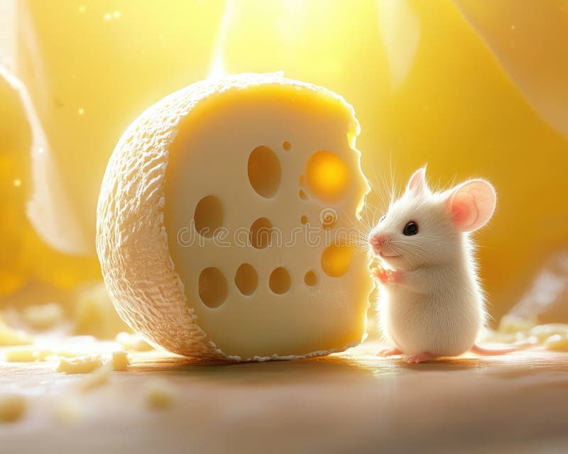 Small Fluffy Mouse Stands Happily Near a Large Piece of Cheese Stock ...