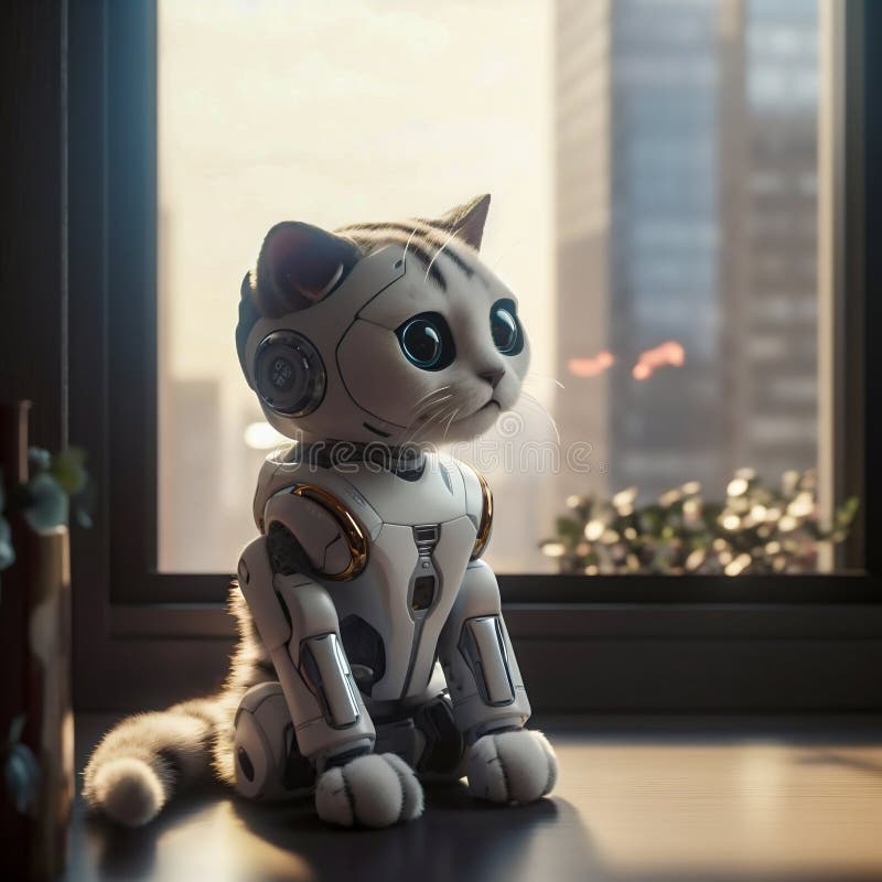 A Small, Fluffy Robotic Kitten. Generative AI Stock Illustration ...