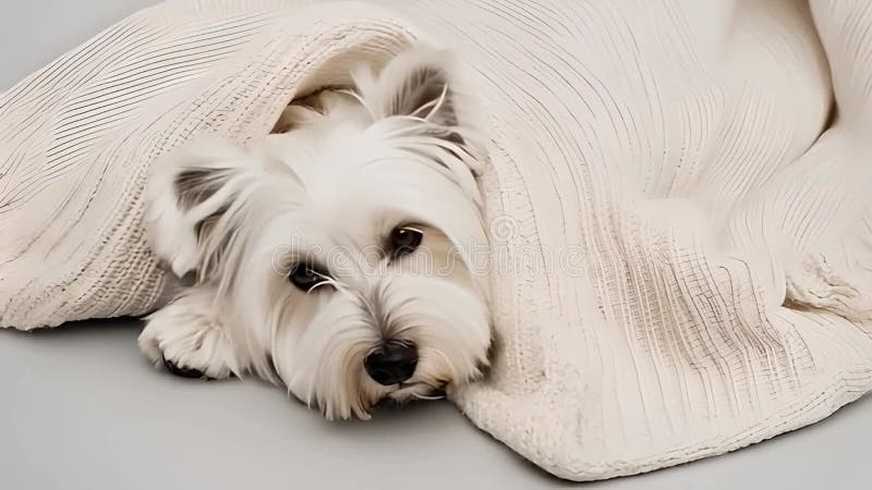 Small Fluffy White Dog with Sad Eyes Lying Down on Floor Wrapped in ...