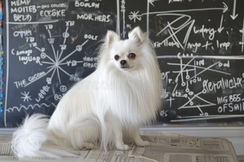 A Small, Fluffy, White Dog Sits in Front of a Chalkboard Covered in ...