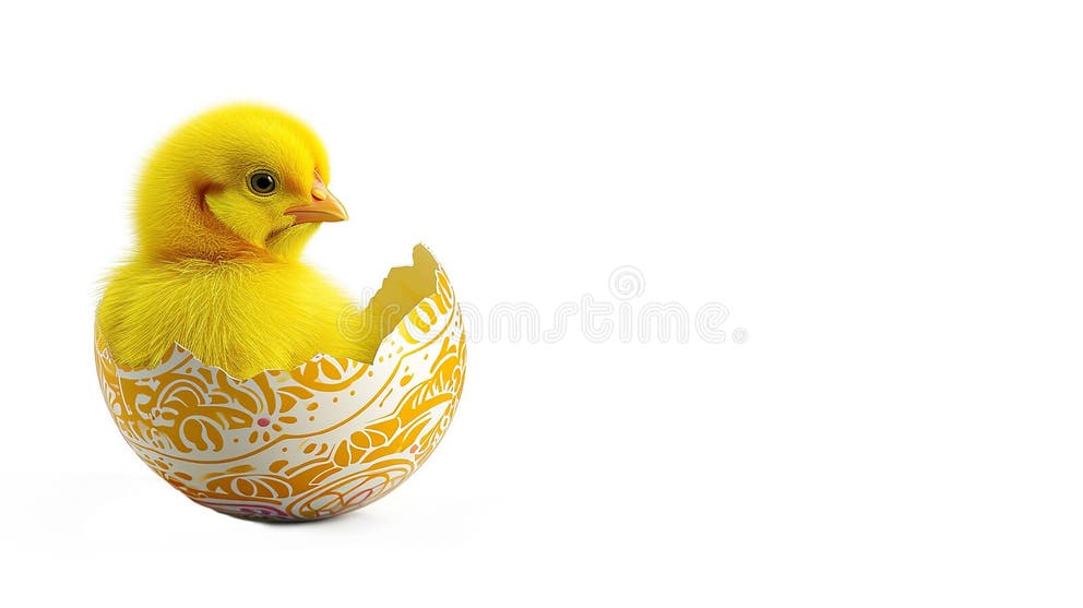 A Small Fluffy Yellow Chick in Half of an Easter Egg with a Decorative ...