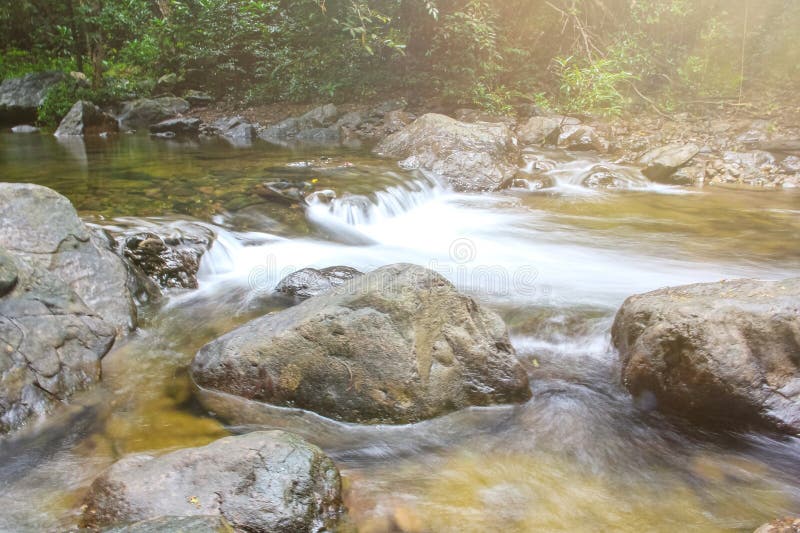 Small Forest Stream with Water Flowing Over Rocks Using Long Exposure ...