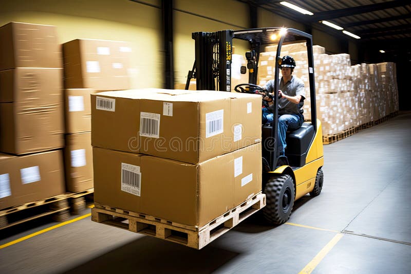 Small Forklift Carrying Boxes through Large Warehouse Stock ...