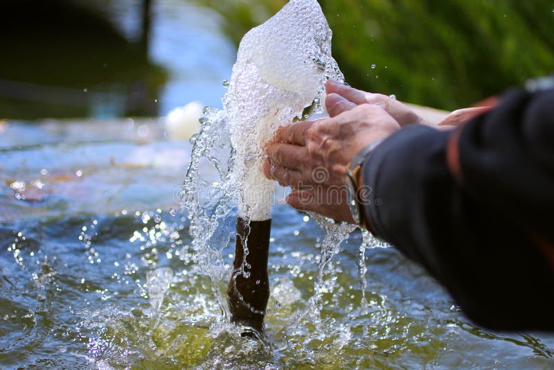 Small Fountain in Park. Men`s Hands in Water Stock Photo - Image of ...