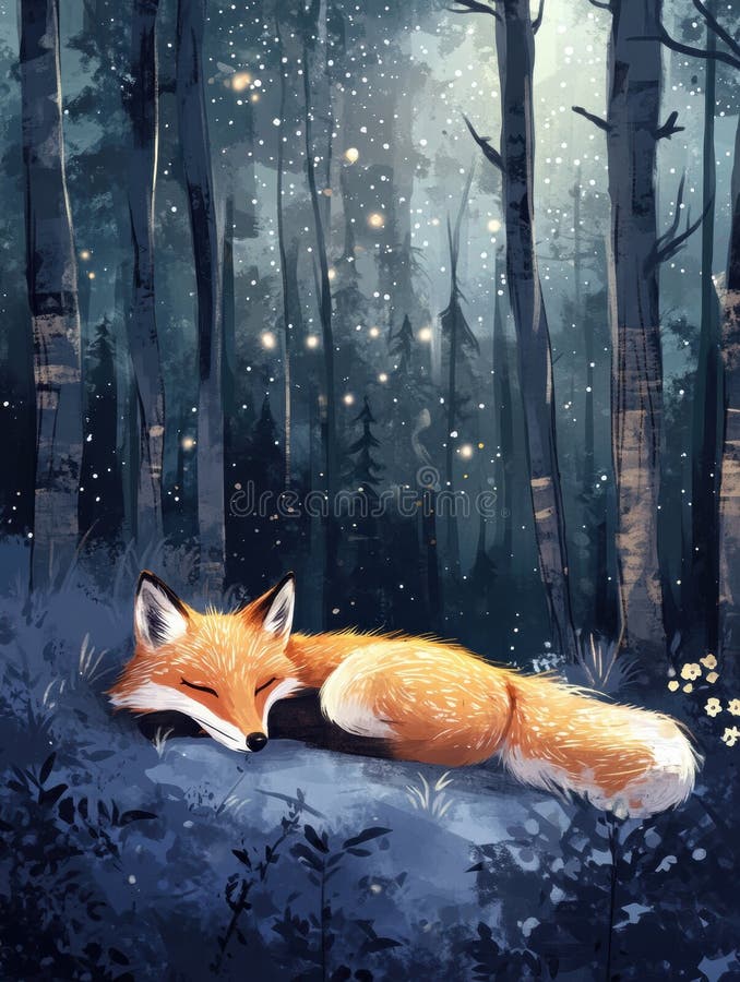 Gentle Forest Grace with a Small Sleeping Fox Under a Starry Sky in ...
