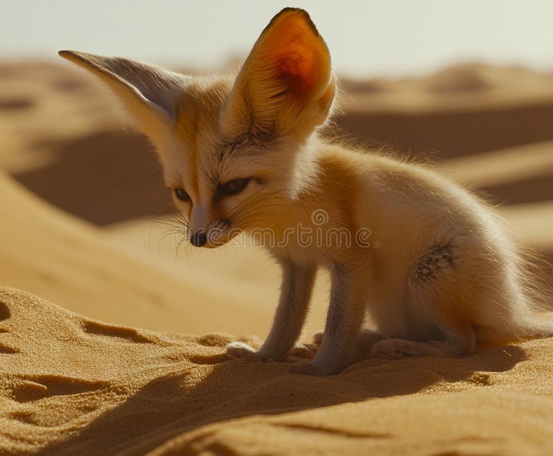 A Small Fox Sitting on Top of a Sand Dune Stock Image - Image of eyes ...