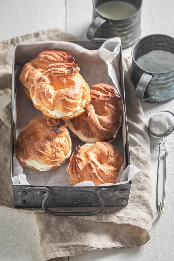 Small and Fresh Cream Puffs in Old Metal Box Stock Photo - Image of ...