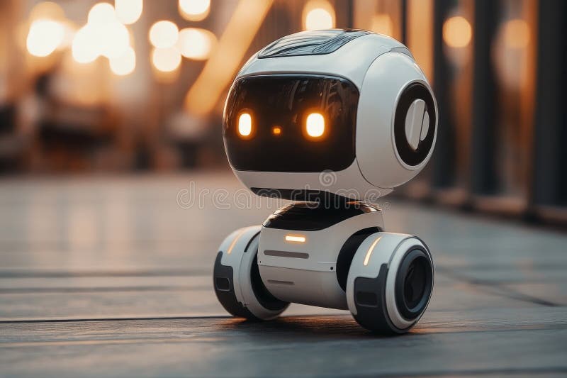 Small, Friendly-looking Robot Navigating a City Nightscape, Embodying ...