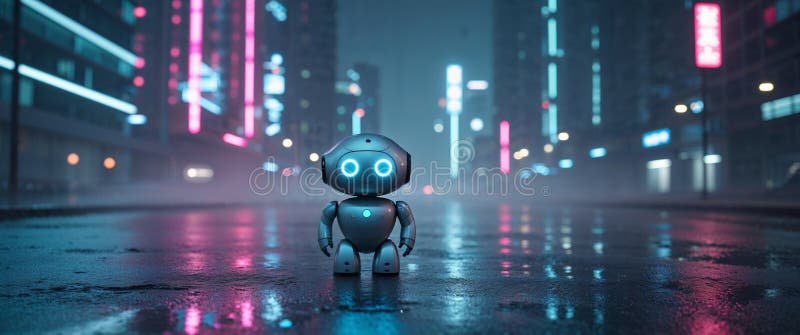 Small Friendly Robot Illuminated by Neon Lights in an Urban Setting at ...