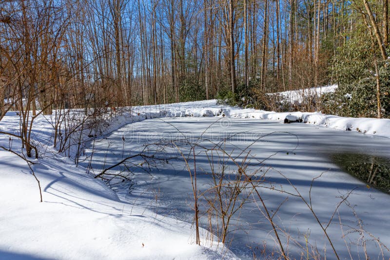 Small Frozen Pond is Surrounded by Very Deep Snow in Pisgah Forest ...