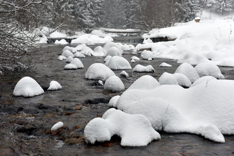 Small Frozen River with Fresh Snow on the Rocks Stock Image - Image of ...