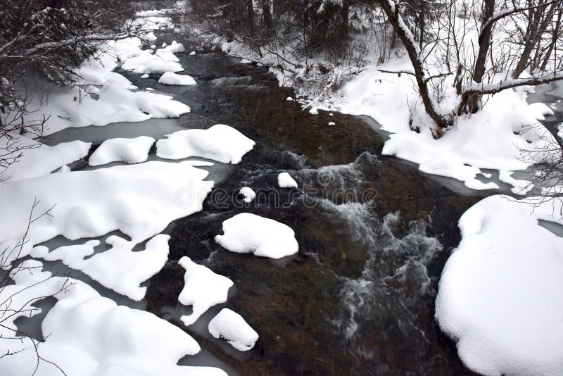 Small Frozen River with Fresh Snow on the Rocks Stock Photo - Image of ...