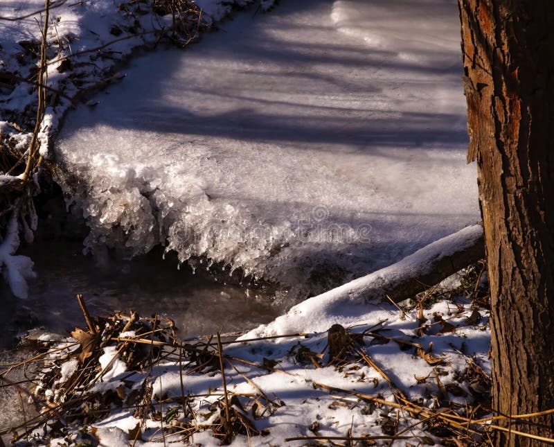 A Small Frozen Waterfall with Shadows of Trees upon it Stock Photo ...