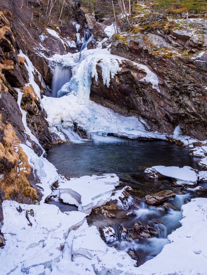 A Small Frozen Waterfall on the Ula River in the Town of Otta Stock ...