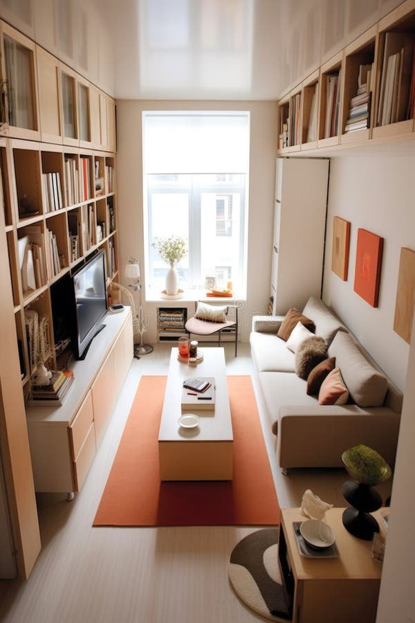 Small yet Functional Living Room with Clever Storage Solutions Stock ...