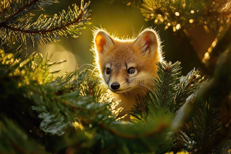 A Small Furry Animal Sits Comfortably in the Branches of a Pine Tree ...