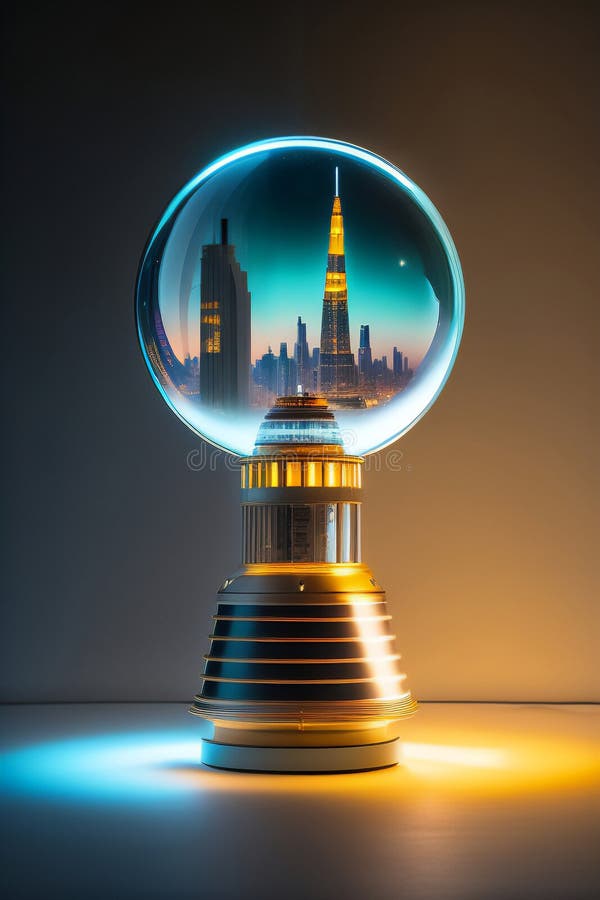 A Small Futuristic City Inside an Elongated Light Bulb. Generative AI ...