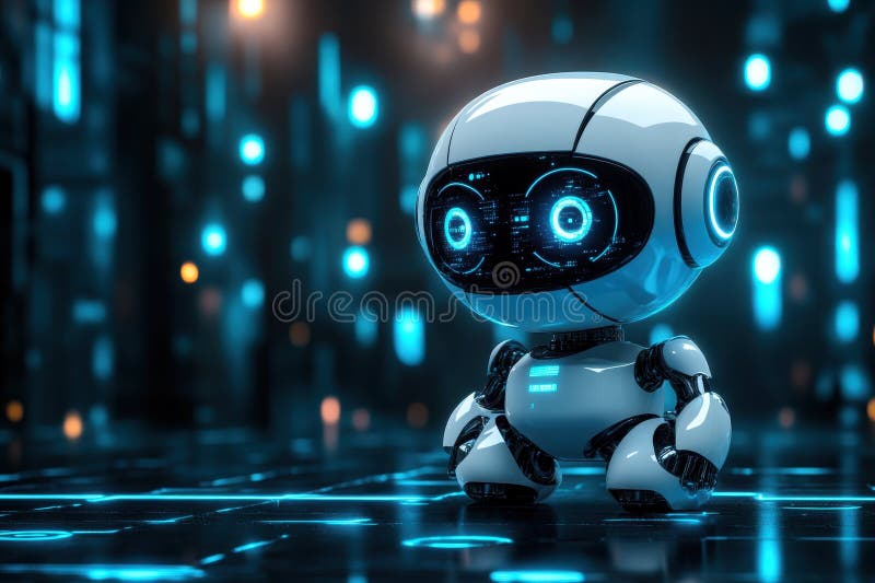 A Small, Futuristic Robot Stands on a Neon-lit Digital Surface in a ...