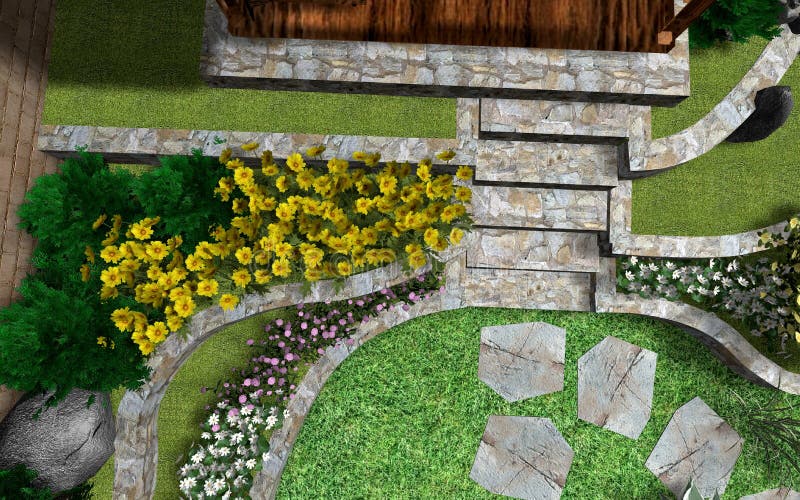 Small Garden Design. Landscape Composition of Plants, Lawn and Paths ...