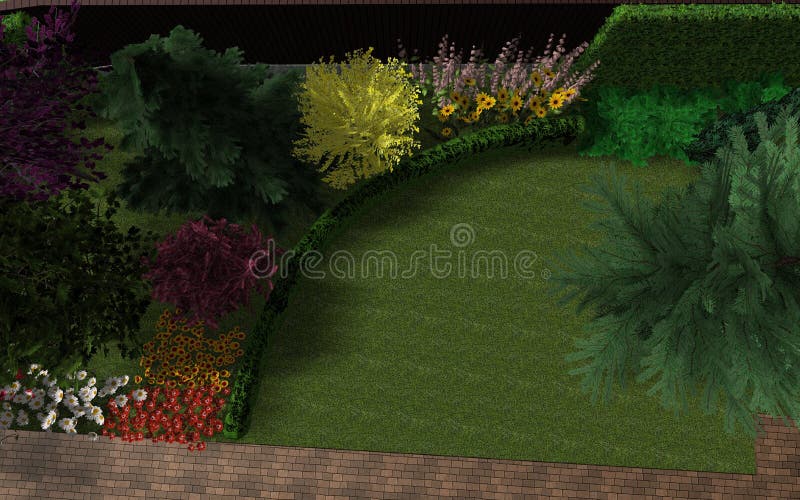 Small Garden Design. Landscape Composition of Plants, Lawn and Paths ...