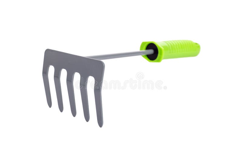 Small Garden Rake with Green Plastic Handle Isolated on a White ...