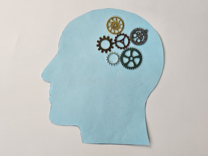 Small Gears and Cog Symbols Scattered on Brain Area of Human Head Shape ...