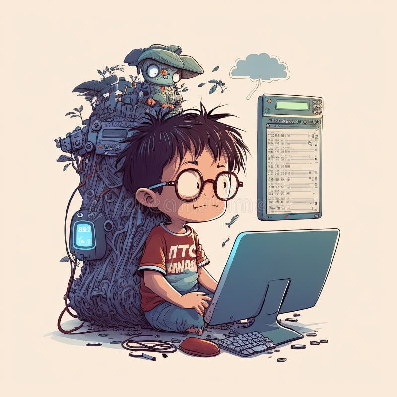 Small Genius Kid Sitting with Computer Learning Coding. Stock ...