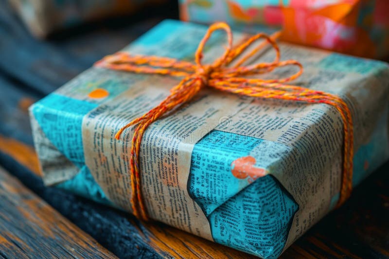Small Gift Wrapped in Newspaper and Tied with Orange String Resting on ...