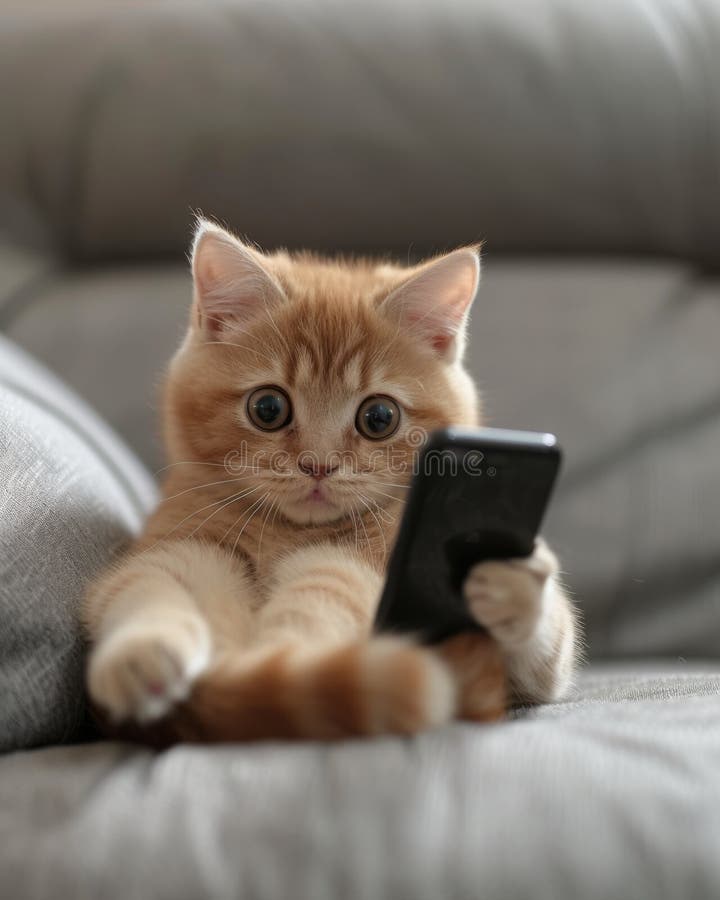 Small Ginger Kitten Holding Smartphone and Looking at Camera Stock ...