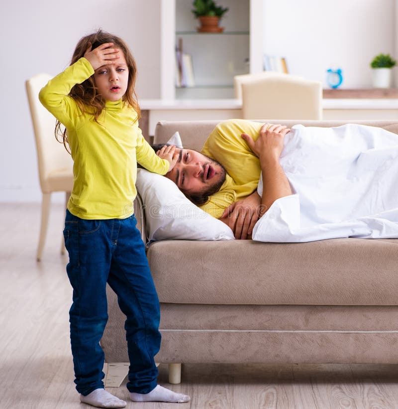 Small Girl Looking after Her Sick Father Stock Image - Image of cold ...
