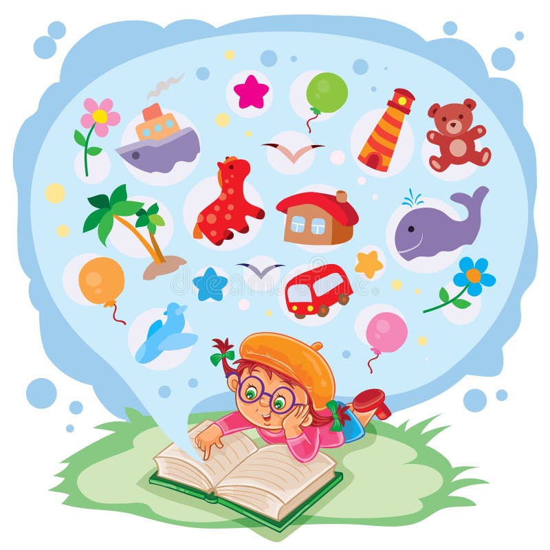 Small Girl Reading a Book and Dreams of Adventures Stock Illustration ...