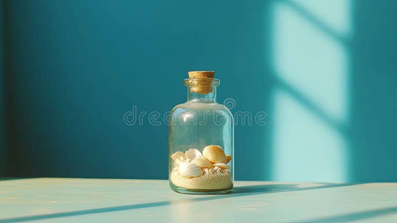 A Small Glass Bottle with Sand and Shells Inside, Placed on a Clean ...