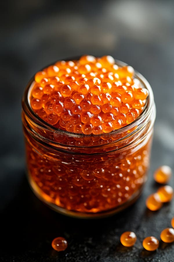 Small Glass Jar Full of Red Caviar Placed on a Dark Background ...