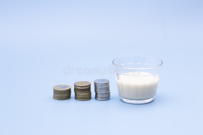Small Glass of Milk with Coins Around Stock Image - Image of price ...