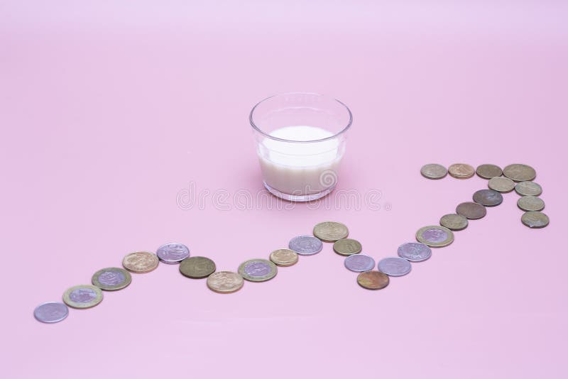 Small Glass of Milk with Price Increase Graph Written with Coins Stock ...